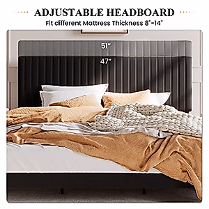 SHA CERLIN King Upholstered Platform Bed Frame with Adjustable Headboard/Vertical Channel Tufted Velvet Fabric/Wooden Slats Support/Mattress Foundation/Box Spring Optional/Black