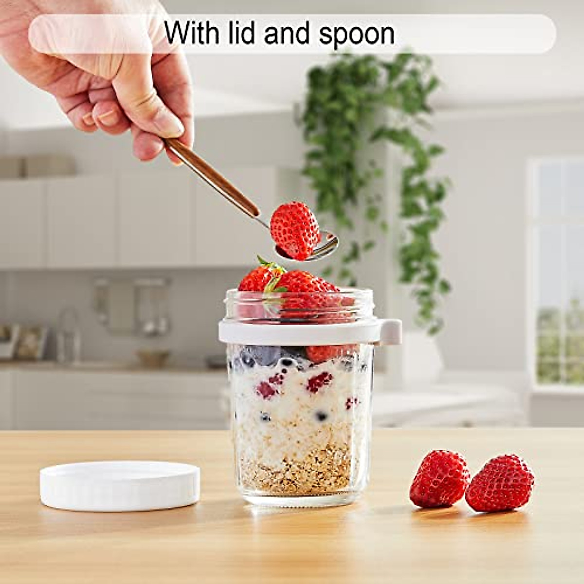 Overnight Oats Containers with Lids 2, 10oz Wide Mason Jars with Spoon - Great for on-the-go cereal containers - Very convenient for use on the go, Sealed glass jars are ideal for home, office or on-the-go (White)