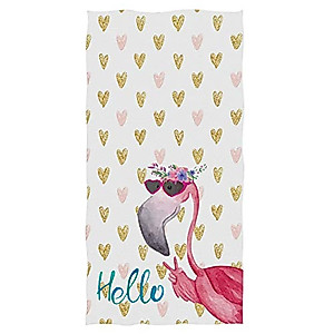 Pfrewn Hello Tropical Flamingo Hand Towels 16x30 in, Pink Golden Hearts Floral Thin Bathroom Towel, Ultra Soft Highly Absorbent Small Bath Towel Bathroom Decor