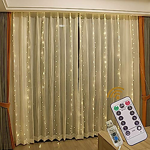 GUOCHENG Copper String Curtain Lights 3m x 3m LED Curtain Fairy Lights USB Powered Window Light Strings with Remote for Home Bedroom Party Wedding, Indoor Outdoor Decorations-Warm White