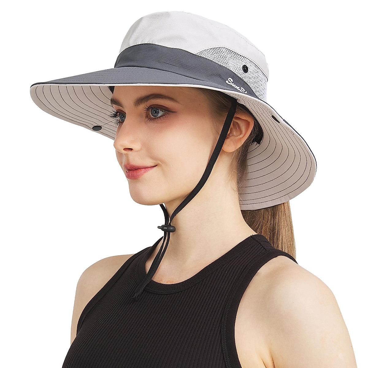 NPQQUAN Ponytail Sun Bucket Hat for Women Men Wide Brim UPF 50+ Fishing & Beach Hats Beige/Grey
