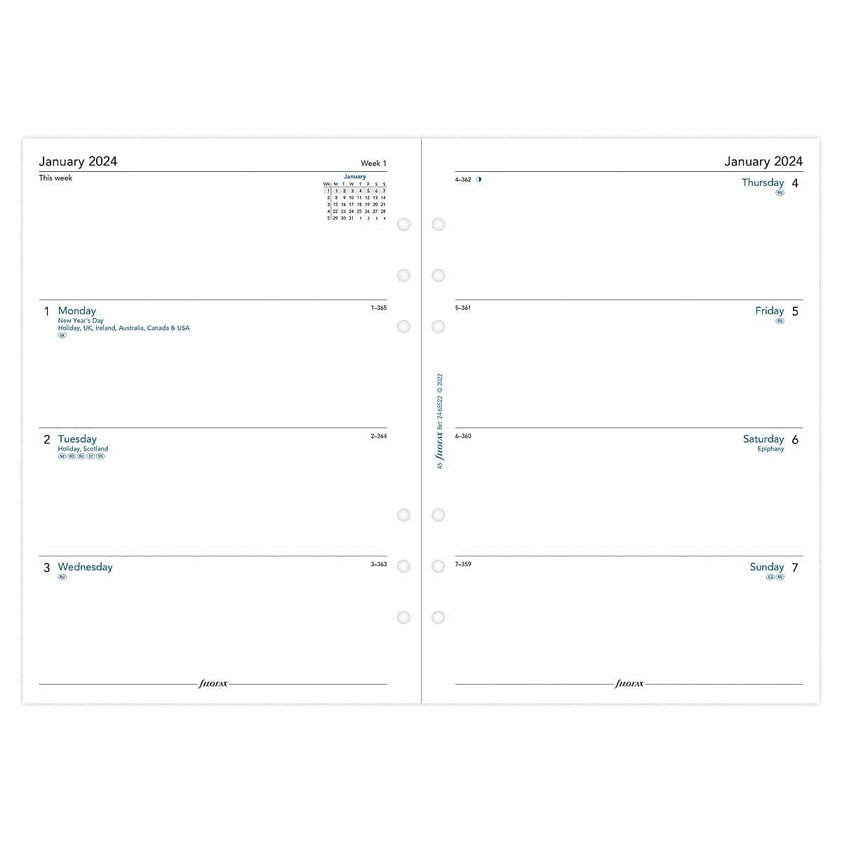 Filofax A5 week on two pages English 2024 diary, White