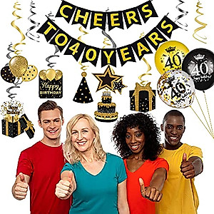Mocossmy 40th Birthday Party Decorations Kits,Happy Birthday Hanging Swirls & Cheers Birthday Banner & Balloons Black and Gold Birthday Party Supplies for Women Men Gifts Indoor Outdoor Birthday Decoration