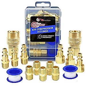 LE LEMATEC 15pc Air Compressor Hose Fitting Kit with Storage Case, 1/4" NPT Quick Connect Air Tool Fittings, Solid Brass High Flow Connectors; 3 Male and 3 Female Plugs + 5 Male to Male