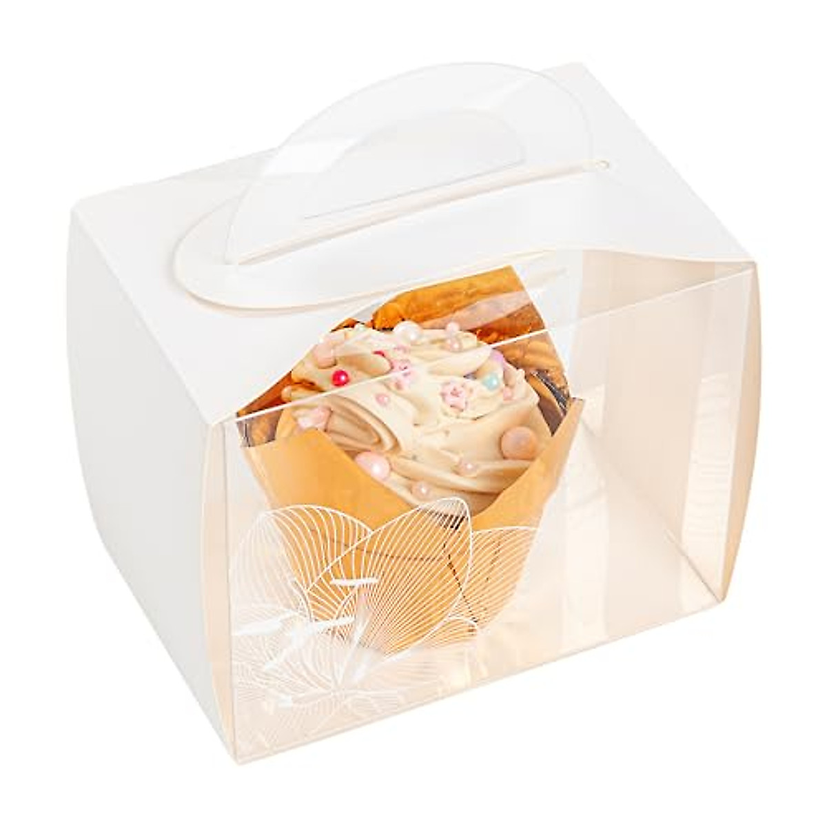 Restaurantware-5 Inch x 3.25 Inch Individual Cupcake Boxes, 100 Disposable Cupcake Display Boxes - With Handle, Lotus Accent, Clear Plastic Single Cupcake Containers, For Weddings Or Birthdays