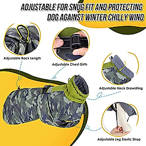 SlowTon Dog Winter Coat, Windproof 3 Layers Thick Warm Fleece Lining Dog Jacket for Cold Weather, Reflective Dog Apparel Dog Clothes with Leash Opening for Medium Large Dogs(Green Camo,L)