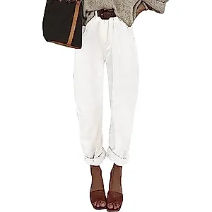 Astylish Women White Jeans High Waist Casual Loose Boyfriend Cropped Mom Denim Pants White Size 12