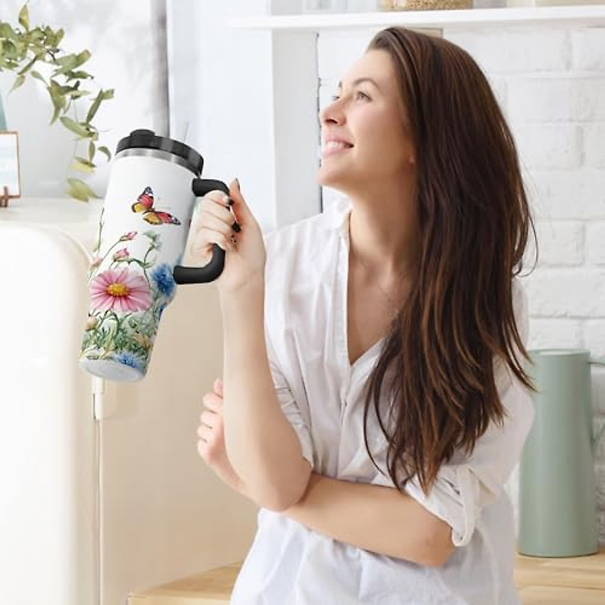 Flradish 30oz Tumbler with Handle, Daisy Flowers Stainless Steel Tumbler with Lid and Straws Double Wall Vacuum Insulated Leakproof Coffee Travel Mug