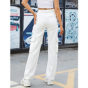 Micoson Women High Waist Cargo Pants with 8 Pockets Straight-Leg Loose Girl Moisture Wicking Oversized White Cargo Jeans White,XXL