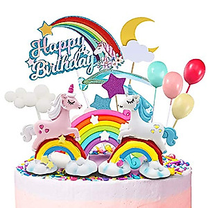 MOVINPE Unicorn Cake Topper, 2 Magic Unicorns Sculpture, 1 Rainbow, 1 Happy Birthday Banner, 2 Cloud, 4 Balloon, 12 Stars, 1 Moon, Cake Decoration For Girl Kid Women Birthday Party
