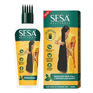 SESA Ayurvedic Hair Oil With Bhringraj & 17 Rare Herbs With Coconut Oil and 4 Nourishing Oil For Hair Growth Help Control Hair Fall & Easy Hair Oil Applicator For Women and Men, 3.38 Fl Oz or 100 ml