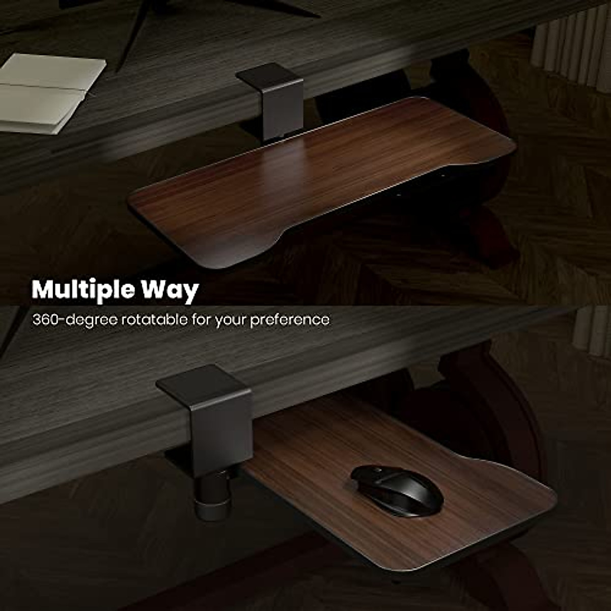 Keyboard Tray Under Desk,360 Rotating Keyboard&Mouse Tray with Drawer,Yikola Desk Extender Adjustable C-Clamp, Ergonomic Platform Tray Under Table,No Drilling Install 23.54'' x 9.8''in-Walnut Pattern