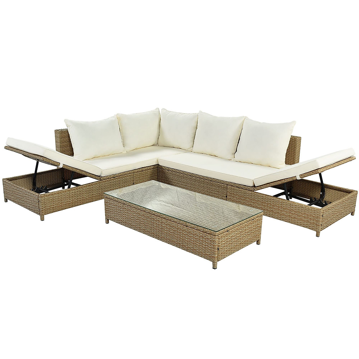GLANZEND 3-Piece Rattan Sofa Weather PE Wicker Sectional Set with Adjustable Chaise Lounge Frame and Tempered Glass Table, Natural Brown+ Beige Cushion