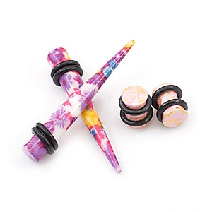BodyJewelryOnline Ear Plugs with Tapers Stretching kit Colorful Flower Design with O rings.