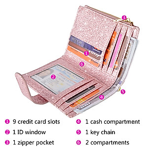 Womens Wallets RFID Small Compact Bifold Leather Card Holder Zip Pocket Keychain