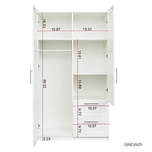 High Wardrobe and Kitchen Cabinet with 2 Doors, 2 Drawers and 5 Storage Spaces,White