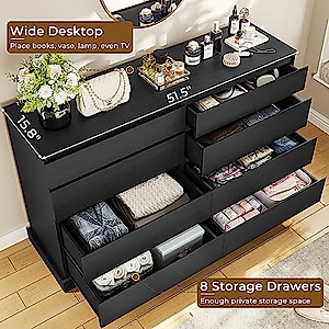 Hasuit Black Dresser for Bedroom, Long Dresser with 8 Drawers, 51.5''W Wooden Dresser Chest of 8 Drawers, Large Capacity Clothing Storage Cabinet, Wide Dresser for Bedroom Living Room Entryway