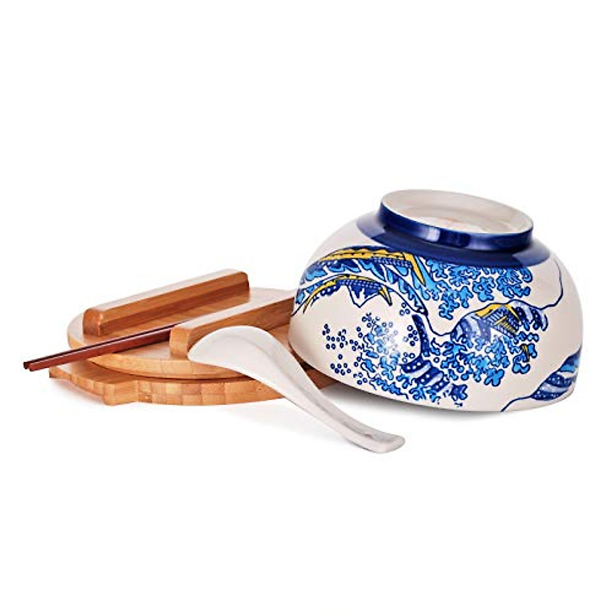 Hinomaru Collection Japanese Kamameshi Style Rice Noodle Bowl with Bamboo Lid Trivet Chopsticks and Porcelain Spoon Bowl Set (Hokusai Wave)