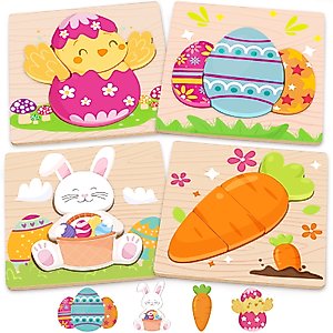 Easter Toys Gifts for Kids Toddlers - 4 Pack Wooden Puzzles with Rabbits, Carrots, Chicks, Eggs Design, Easter Party Favors for Boys Girls, Kids Classroom Exchange Gifts - Educational Preschool Toys