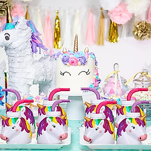 Mifoci Unicorn Birthday Party Favor Gift Supplies Unicorn Cups with Straws,10 oz Plastic Unicorn Shape Cup Reusable for Girls Birthday Baby Shower Unicorn Theme Party Supplies(Bright Color, 24 Set)