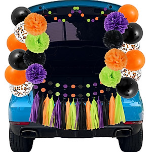 Halloween Party Decorations - Hocus Pocus Trunk Or Treat Car Decorations Kit for SUV Orange Black Purple Green Tissue Pom Pom Tassels Garlands Balloons for Halloween Birthday Baby Shower Decorations