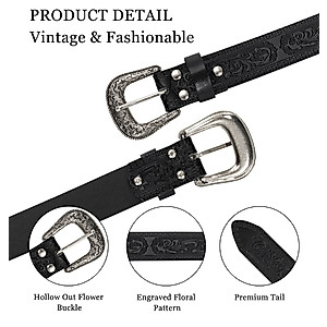 Vintage Western-Cowboy-Belt for Women Men - Carved Buckle PU Leather Waist Belts (for Waist 28"-39")