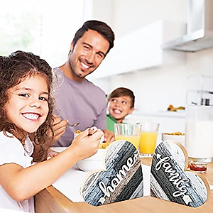 2 Pcs Rustic Wood Love Home Sign Heart Shaped Wooden Table Centerpiece Farmhouse Buffalo Plaid Family Sign for Home Living Room Kitchen dining room Table Decoration (Simple Style)