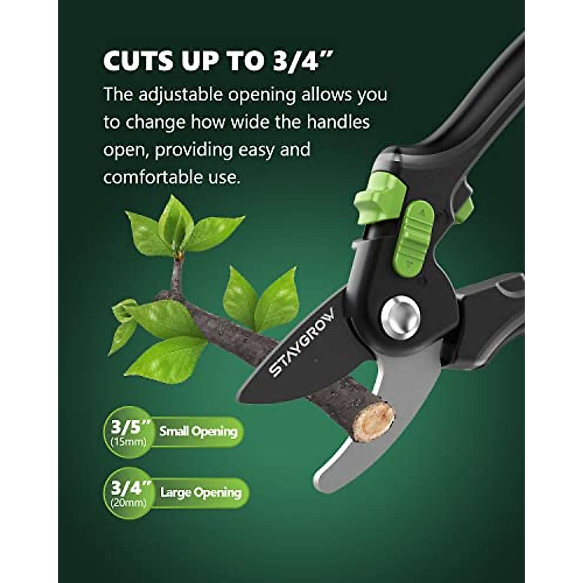 STAYGROW 8.5" Bypass Pruning Shears, All Steel Aluminum Alloy Construction Garden Shears, Ultra Sharp SK5 Carbon Steels Blades with Non-Stick Teflon Coating, Adjustable Opening Cuts Up to 3/4" (20mm）