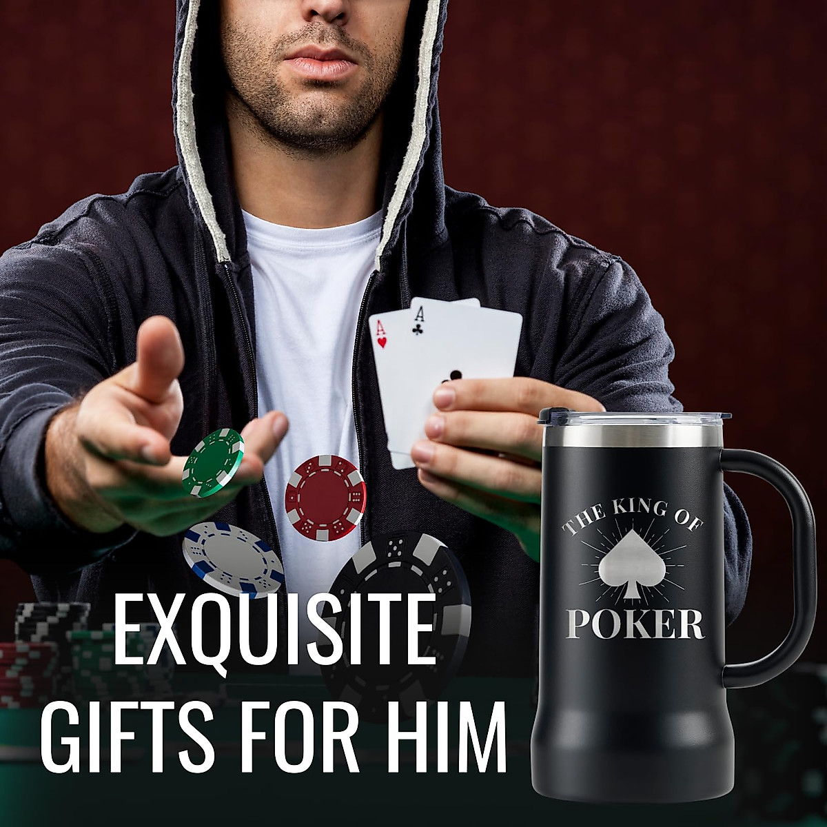 Onebttl Poker Gifts for Men, Poker Stainless Steel Beer Stein Tumbler, 24oz Beer Mug with Lid for Father's Day, Christmas