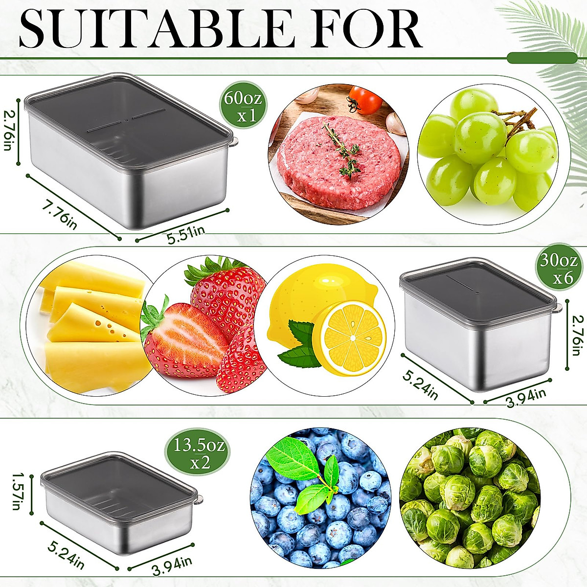 Hushee 13 Pack Stainless Steel Food Storage Containers 30,60,120,13.5 oz Airtight Stackable Fridge Organizer Bins with Lids Food Packing Box for Bacon Cheese Meat Fruit Vegetable Storage