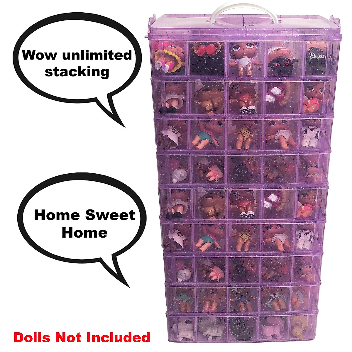 HOME4 No BPA 60 Adjustable Compartments 6 Layers Stackable Storage Container Organizer Carrying Display Case, Compatible with Small Toys Lol, Shopkins, Omg (Dolls Not Included) (Purple)