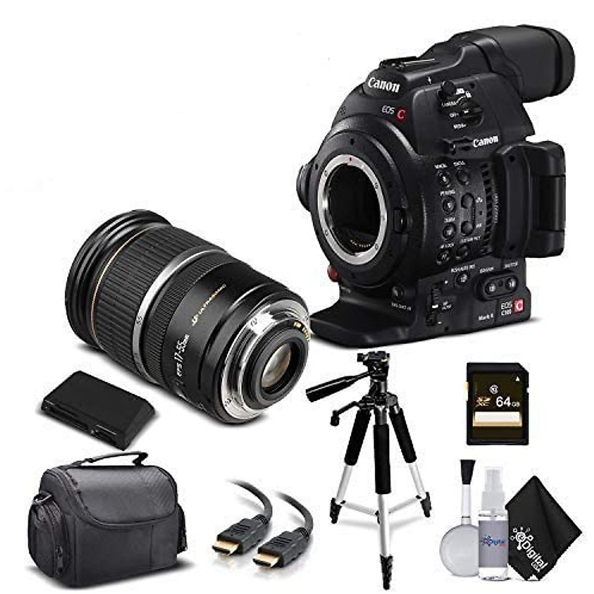 Canon EOS C100 Mark II with Dual Pixel CMOS AF 0202C002 & 17-55MM Lens with Memory Card, Case, Tripod, Starter Bundle (Renewed)