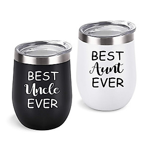 Aunt Uncle Gifts, Best Aunt and Uncle Ever Gift Set, 2 Pack Wine Tumbler with Lid and Straw, Funny Christmas Birthday Gifts for Aunt Uncle, 12 Oz Insulated Stainless Steel Tumbler, Black and White