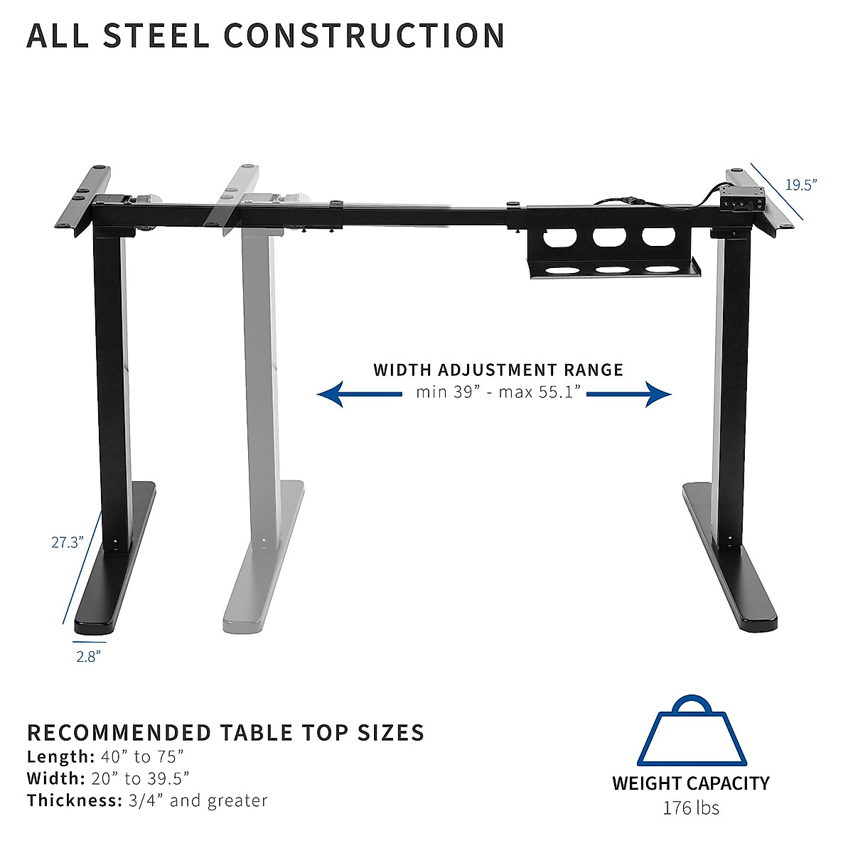 VIVO Electric Stand Up Desk Frame for 40 to 75 inch Table Tops, Frame Only, Single Motor Ergonomic Standing Height Adjustable Base with Memory Controller, Black, DESK-EV00B