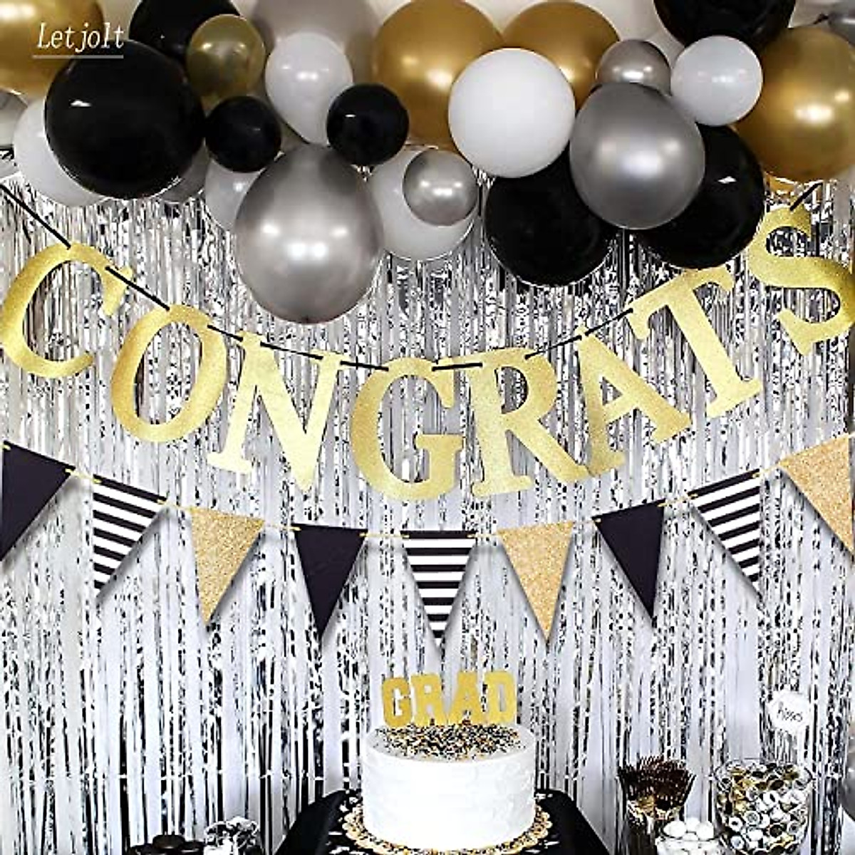 Gold Black Triangle Banner Decorations Bunting Signs for Graduation Flags Decoration Birthday Gatsby Party Nursery Classroom Anniversary Decor Golden New Year Supplies 15pcs 10 Feet (Golden Black Striped)