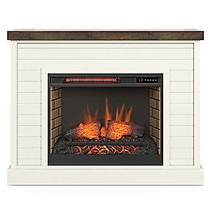 Bridgevine Home Electric Fireplace Mantel with Accent Wood Shelf and Surround, Realistic Logs and Flame Effect, Fireplace TV Stand, Adjustable LED Electric Heater with Remote Control, 48 Inch, White