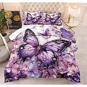 CCoutueChen Purple Butterfly Comforter Set Queen Size Chic Flower Butterfly Bedding Sets Botanical Plants Comforter Quilt Boho Animal Bed Set 3Pcs Soft Fluffy Comforter for Girls Women Adult Room