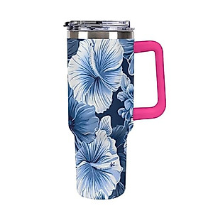 Blue Hawaiian Hibiscus Floral Insulated Tumbler with Lid And Straw Stainless Steel Travel Coffee Mug 40oz Light Rose Red-style