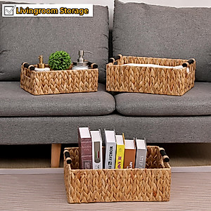 YOCAHAOY Wicker Storage Basket Shelf Bakets Hand-Woven Water Hyacinth Woven Storage Basket with Wooden Handles,Nested Organizer Container with Built-In Carry Handles,3 Pack