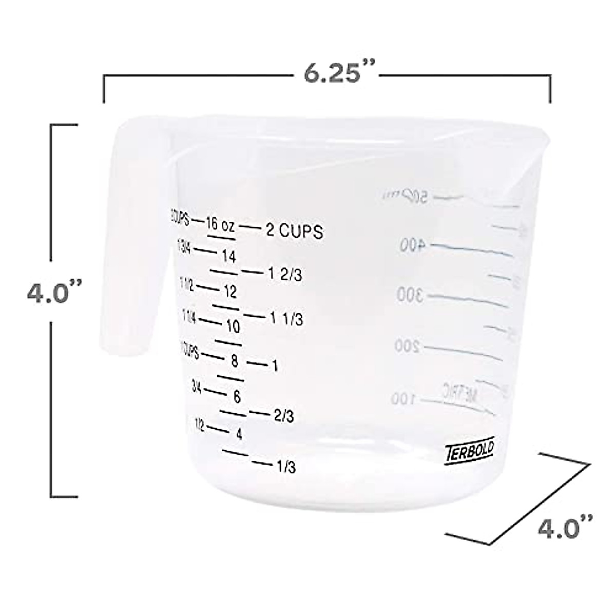 Terbold 3pc Measuring Cup Set in Clear Plastic with Long Handles - 1 Cup, 2 Cup, 1 Quart Sizes