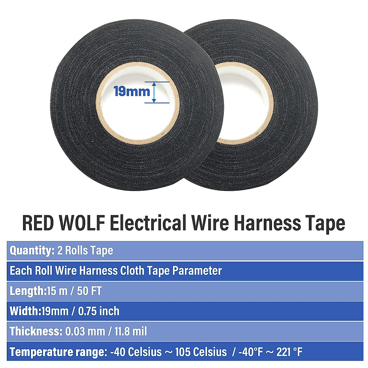 RED WOLF Wire Harness Tape Electric High Temp Wiring Cable Loom Adhesive Fabric Tape for Automobile Electrical Harness Wrap Noise Damping Protection Insulation Cable Fixed 3/4 Inch x 50 FT 2 Pack