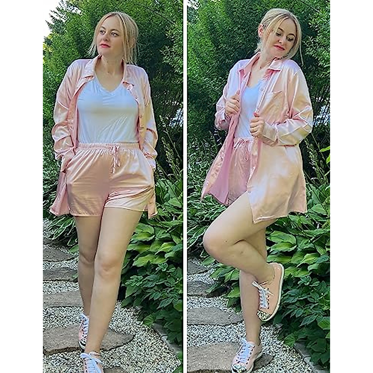 SWOMOG Casual Pink Outfits Button Down Pajamas Pjs Women's Silk Satin Long Sleeve Shirts and Shorts 2 Piece Lounge Sets