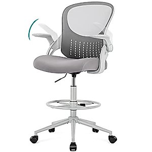 edx Drafting Chair Tall Office Chair, Tall Standing Desk Chair Counter Height Tall Adjustable Office Chair with Flip-up Arms/Wheels, Mid Back Mesh Office Drafting Chairs for Standing Desk, Grey