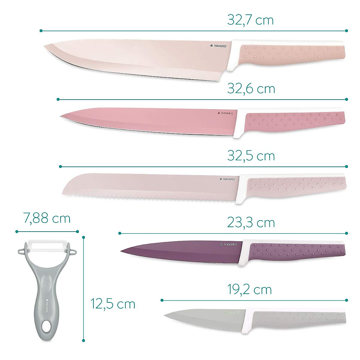 Navaris Knives and Peeler Set - 5 Stainless Steel Kitchen Knife & 1 Ceramic Blade Peeler - Pastel Colour Set with Bread Knife, Paring Knife and More