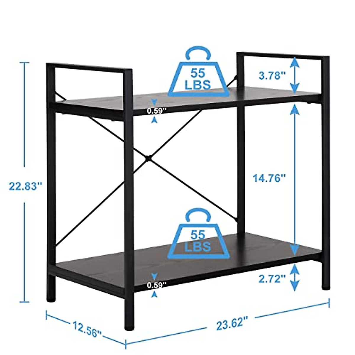 Nouva Small Bookshelf for Small Space 2 Tier Industrial Bookcase Wood and Metal Bookshelves Open Shelf for Bedroom, Living Room, Office, Kitchen, Dark Gray Oak