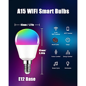 DOGAIN A15 Smart Light Bulbs, E12 Base Smart Bulb RGB Dimmable Color Changing Light Compatible with Alexa, Google Home WiFi-Bluetooth Bulb 6W=40W 500LM Ceiling Fan Light Bulbs (Only 2.4Ghz) 6 Pack