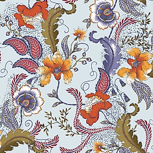 Texco Inc Floral Jacobean Pattern Poly Spandex Bubble Crepe Chiffon Minimal Stretch/Prints Woven Apparel DIY Fabric, Pale Blue Burnt Orange 5 Yards