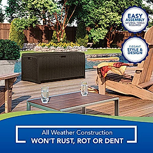 Suncast 73-Gallon Medium Deck Box - Lightweight Resin Indoor/Outdoor Storage Container and Seat - Mocha Brown & Gallon Hideaway Can Resin Outdoor Trash with Lid Use in Backyard, Deck, or Patio, Brown