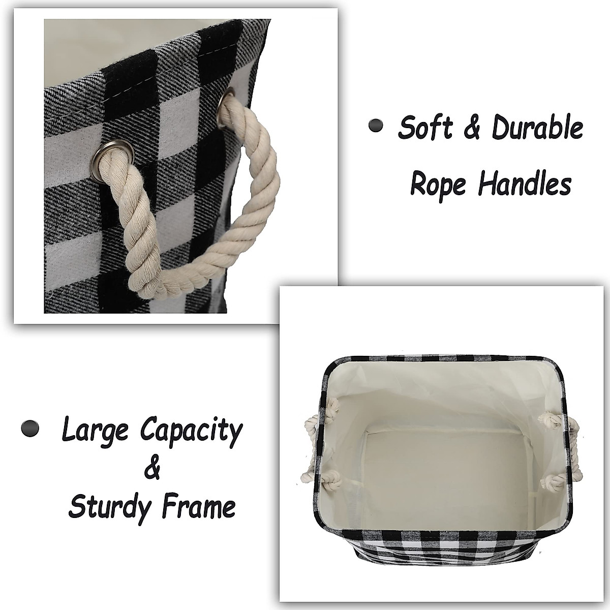 Large Rectangular Decorative Storage Bins Foldable Laundry Hamper Baskets Buffalo Grid Pattern with Rope Handles for Blankets, Toys, Nursery, White Black Grid, L