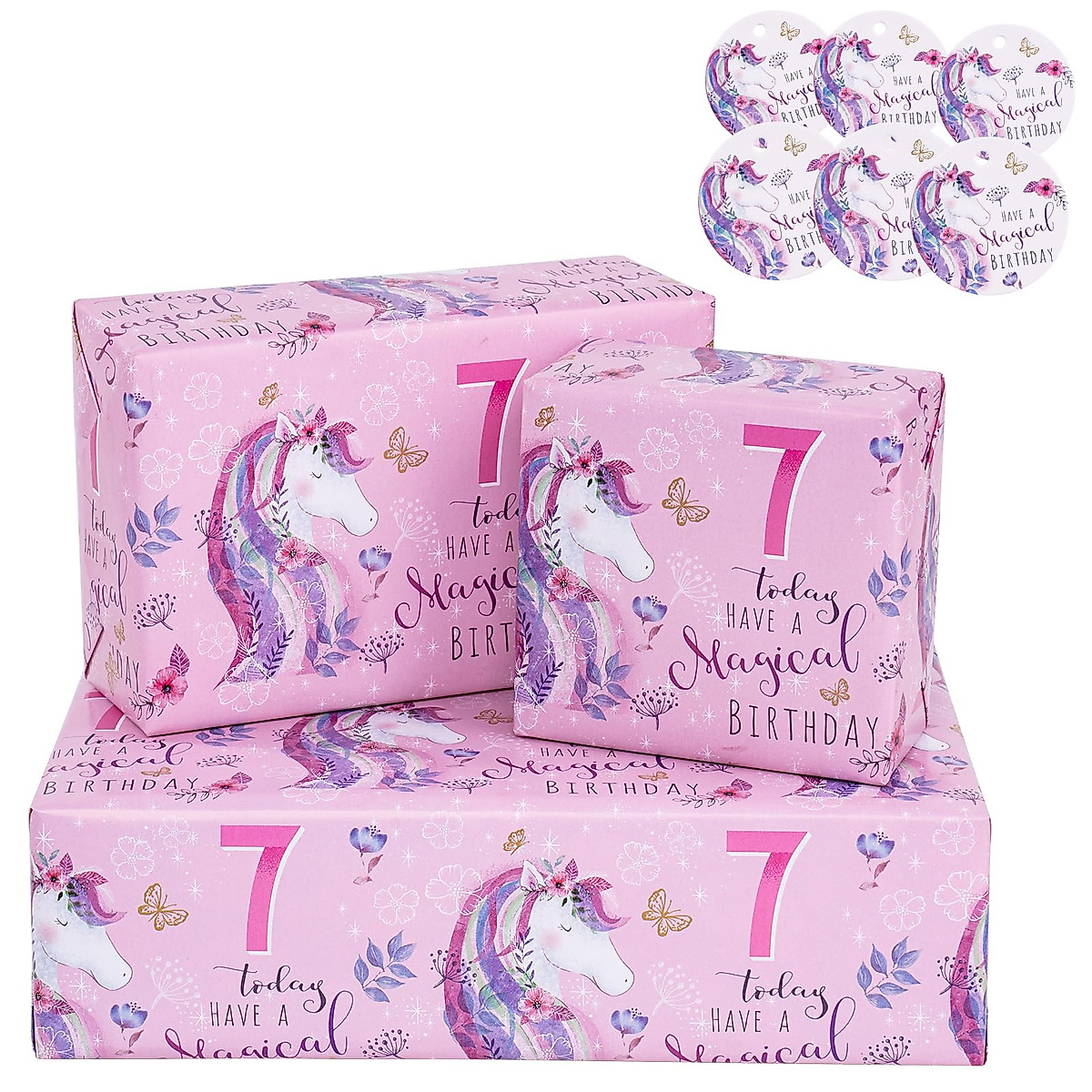 RUSPEPA Birthday Wrapping Paper Sheets with 7 Year Old Pink Pattern Great for Birthday Gift Wrap, 6 Fold on Sheets Each Set, 27 inches x 19 inches